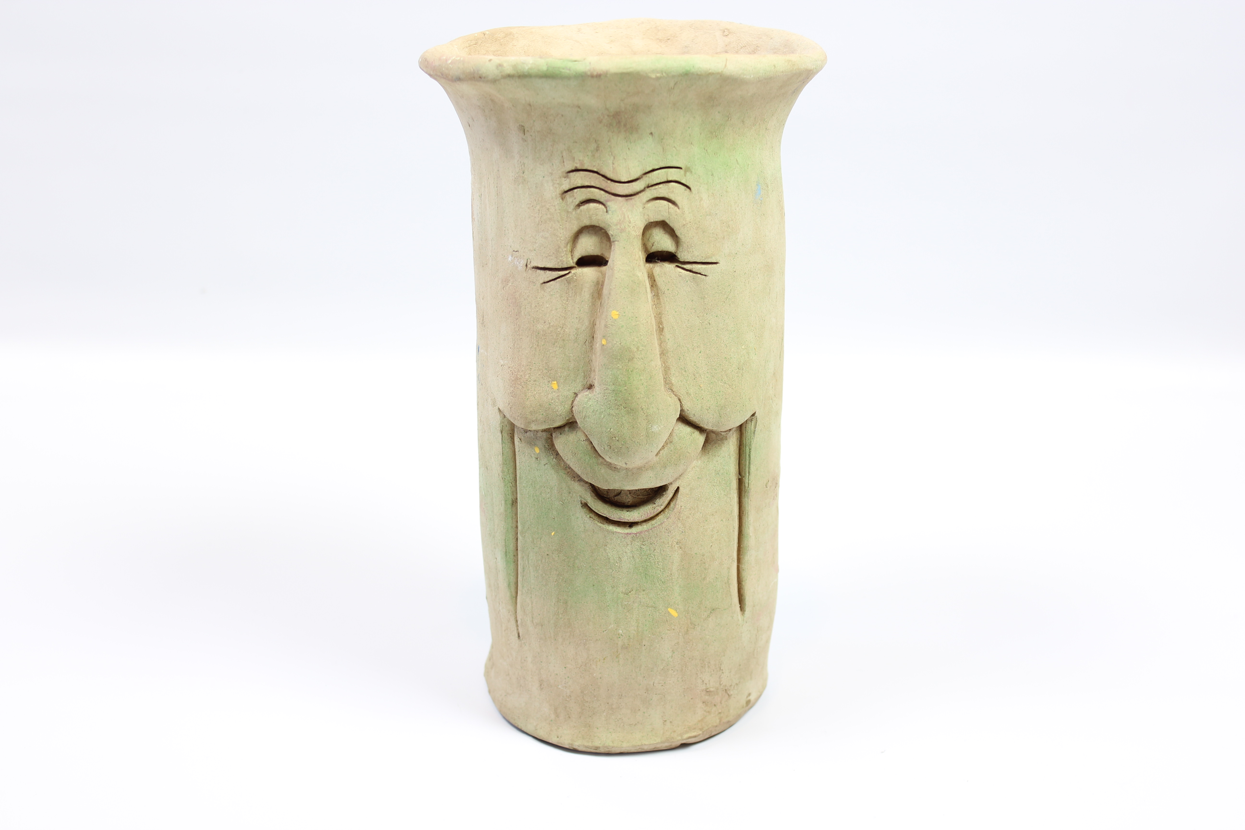 Original Sculpted Smiling Face Pottery Planter Signed | EBTH