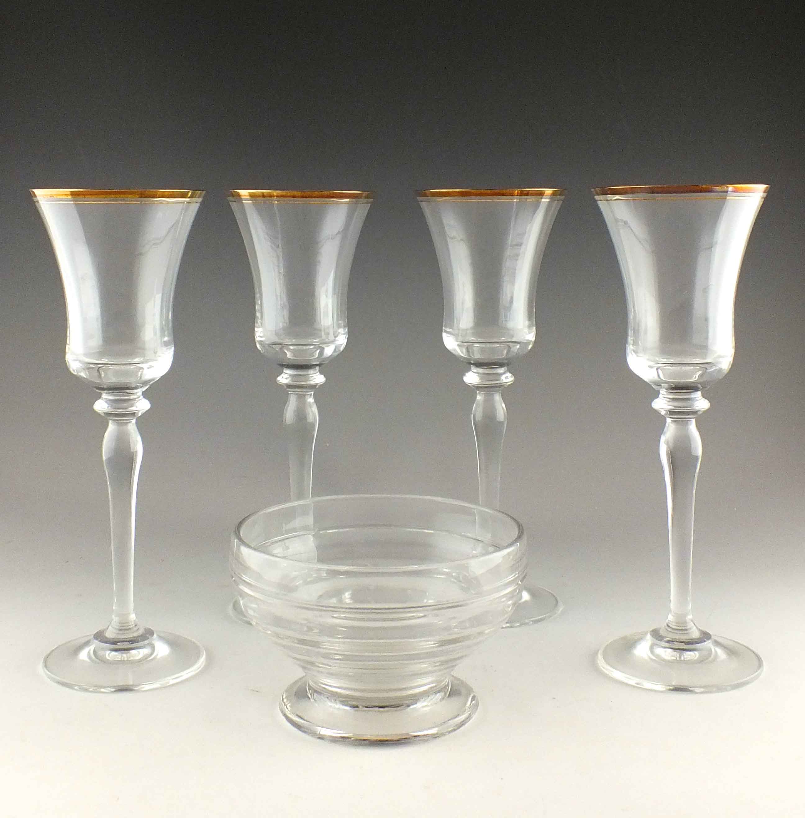 Four Gold-Rimmed Goblets and Heisey Glass Bowl | EBTH