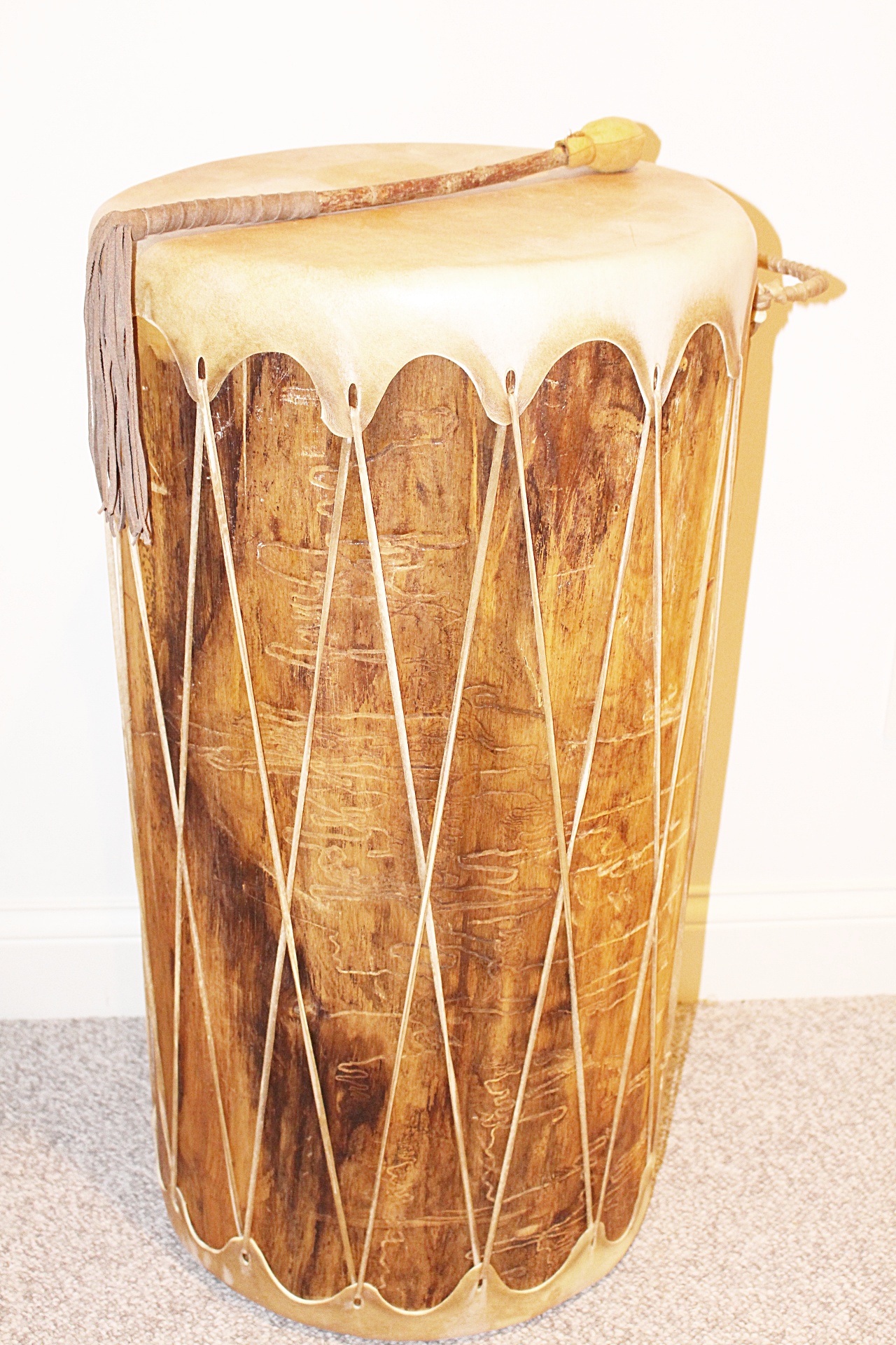 Large Native American Floor Drum and Drum Beater | EBTH