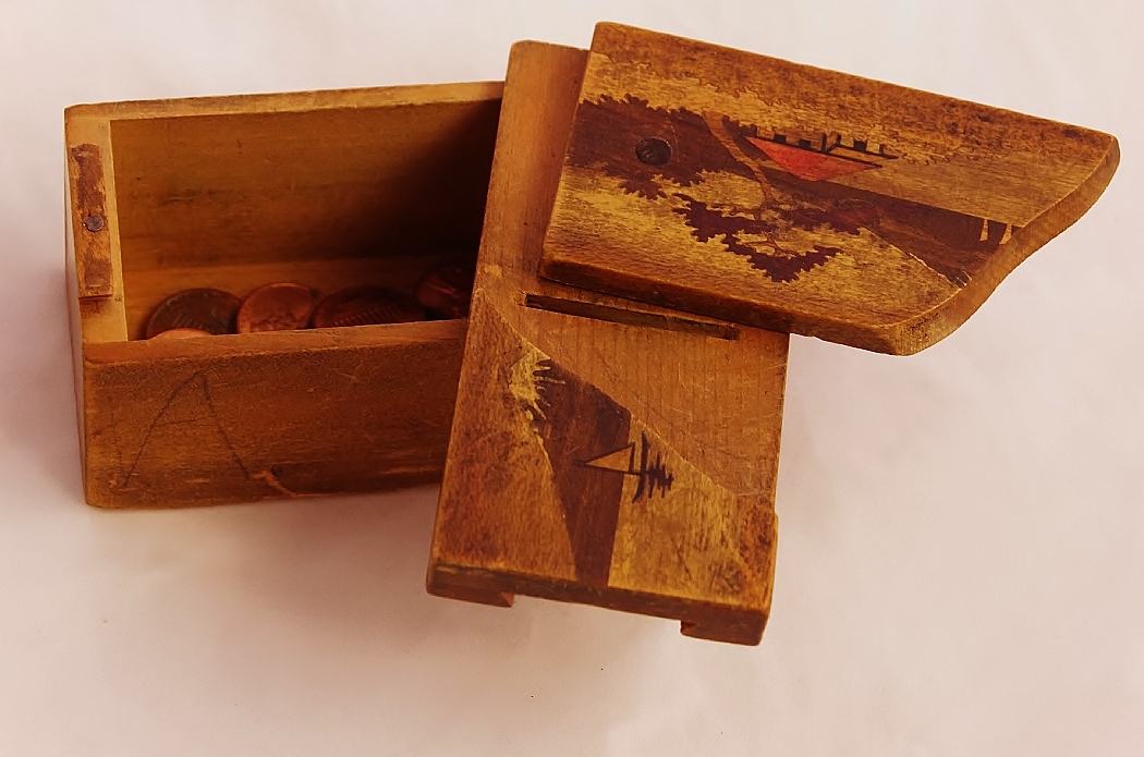 Chinese Puzzle Box and Bank with Inlaid Wood Top | EBTH