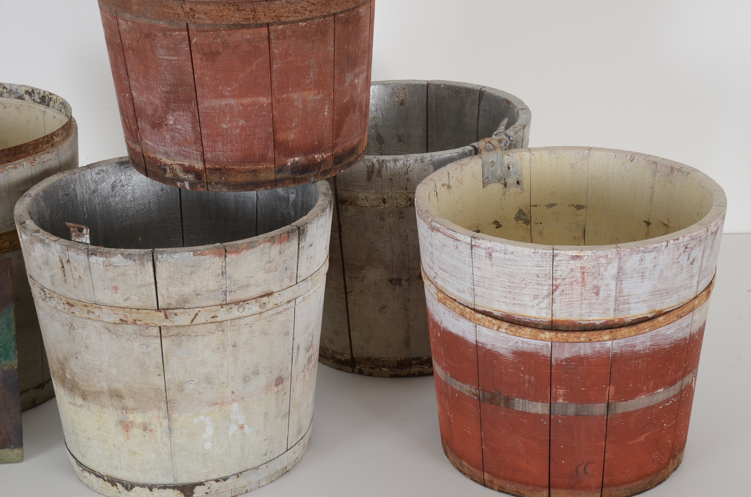 Collection of Five Primitive Wooden Stave Well Buckets | EBTH
