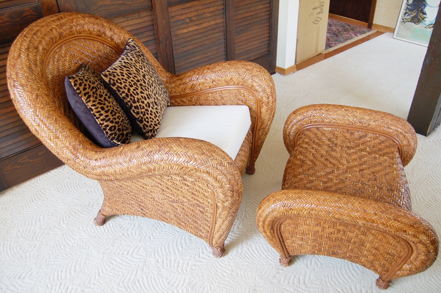 Pottery Barn Rattan Chair and Ottoman | EBTH