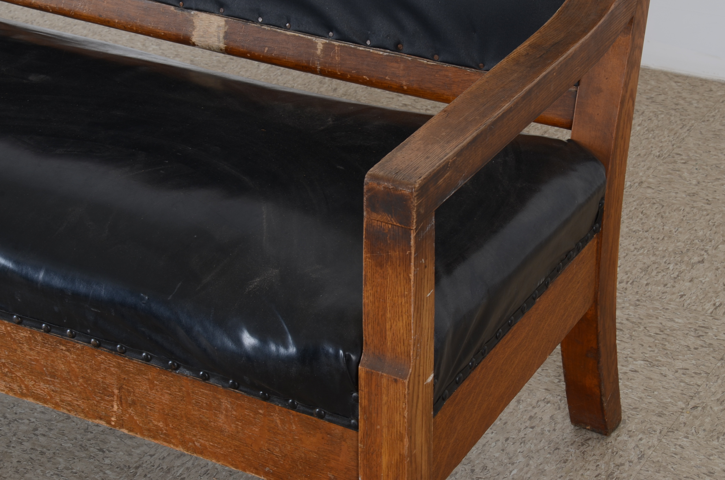 Large Mission Style Bench with Black Padded Back and Seat | EBTH