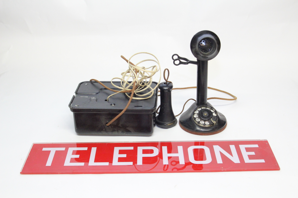 Vintage Candlestick Telephone with Glass Telephone Sign | EBTH