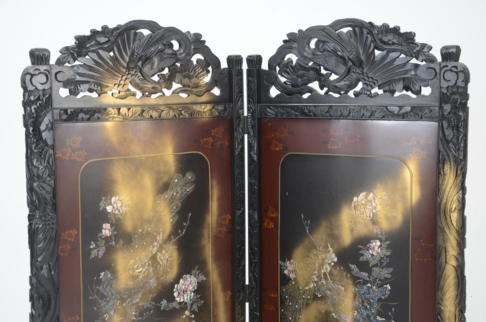 Two Panel Carved and Lacquered Screen | EBTH