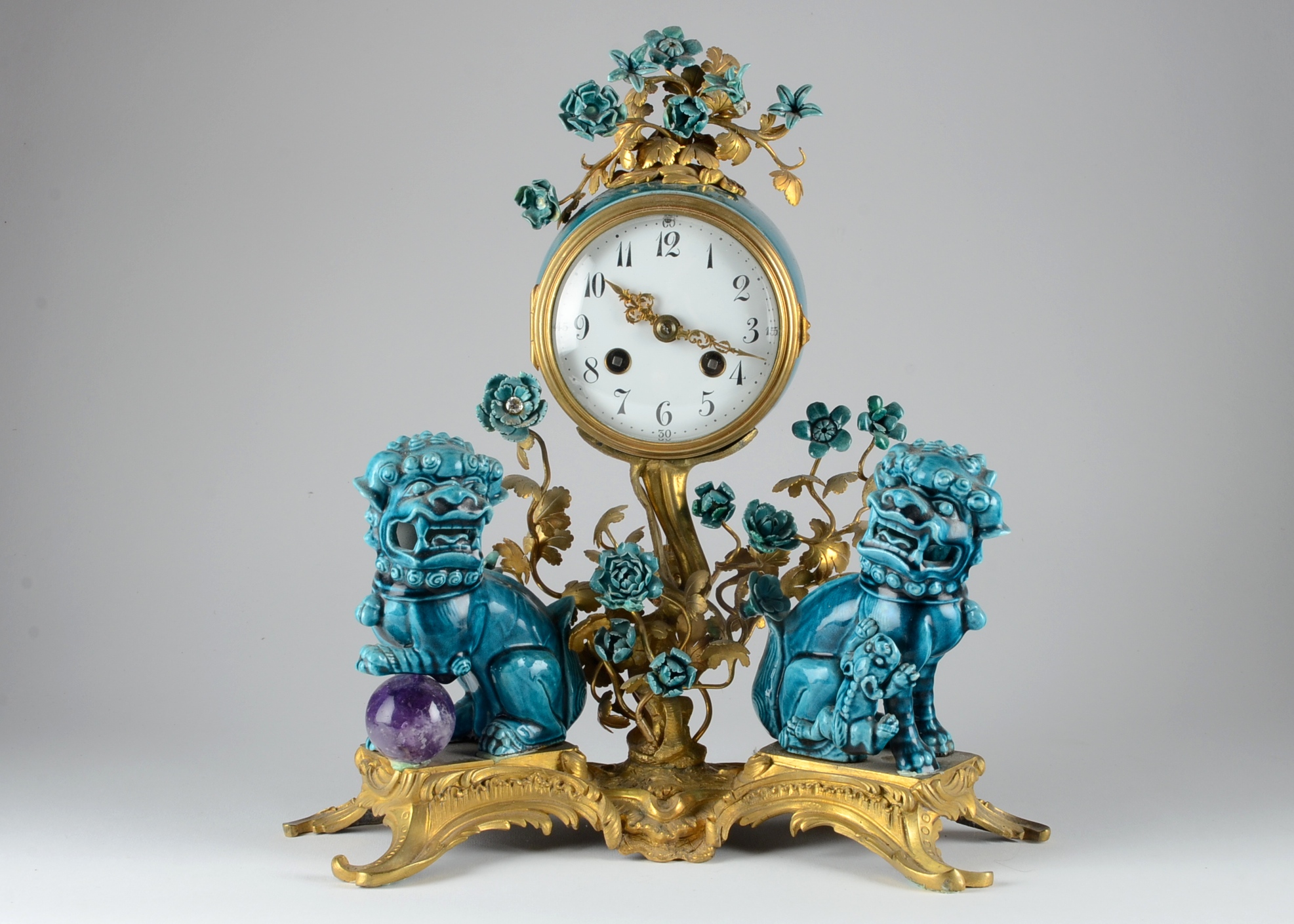 Circa 1880 French Gilt Bronze Ormolu Porcelain Foo Dogs Clock | EBTH