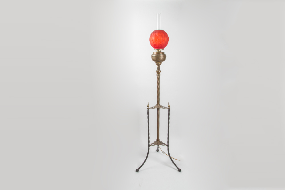 Vintage Standing Lamp with Red Frosted Glass Globe | EBTH