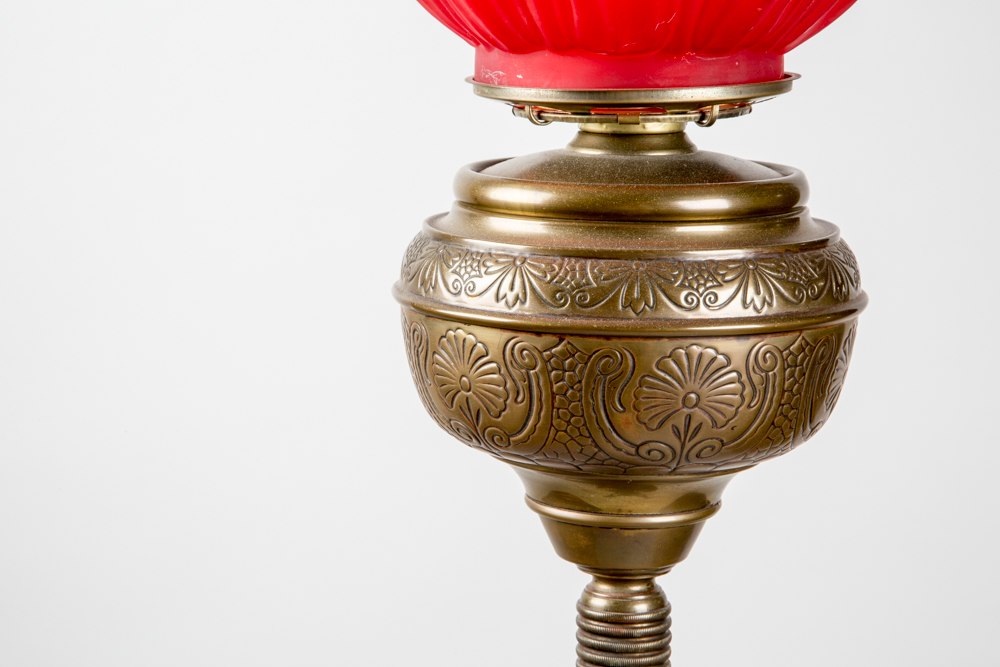 Vintage Standing Lamp with Red Frosted Glass Globe | EBTH