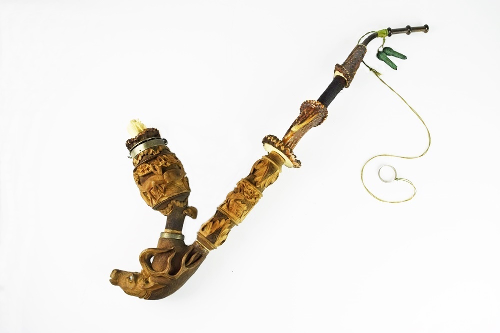 Rare German Black Forest Carved Wood & Horn Stag Pipe Dated 1896 | EBTH