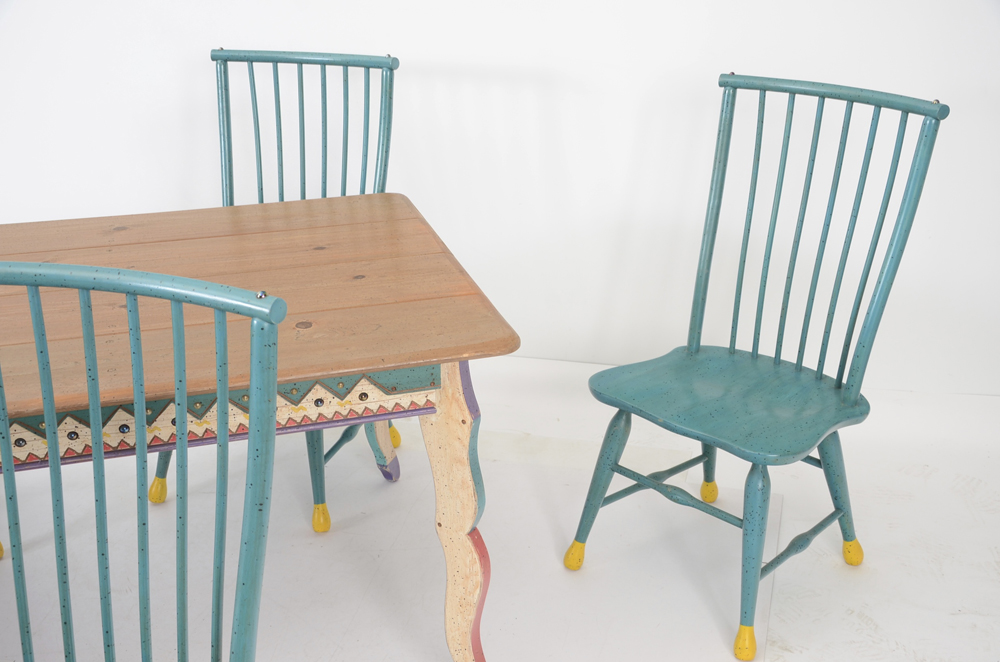 David Marsh Handpainted Wood Dining Table and Chairs | EBTH