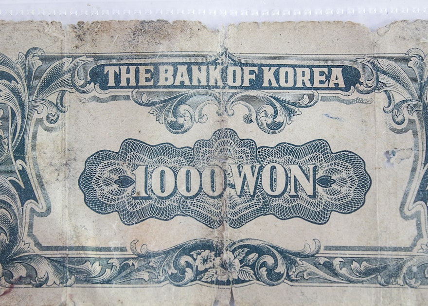 The Bank Of Korea 1950 52 South Korean 1000 Won Paper Bill EBTH the-bank-of-korea-1950-52-south-korean-1000-won-paper-bill-ebth