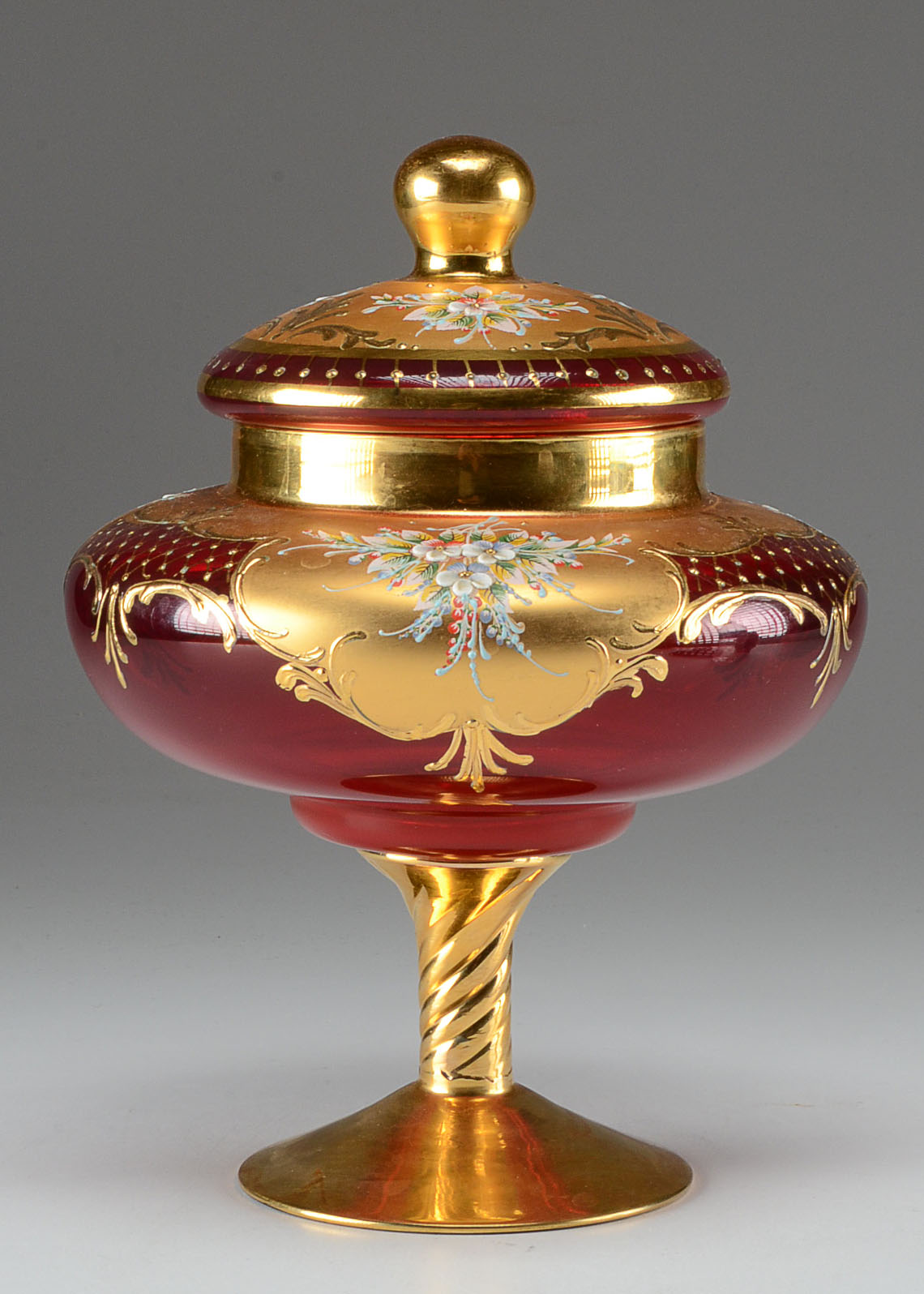 Ruby Red Venetian Glass Pedestal Compote With Lid | EBTH