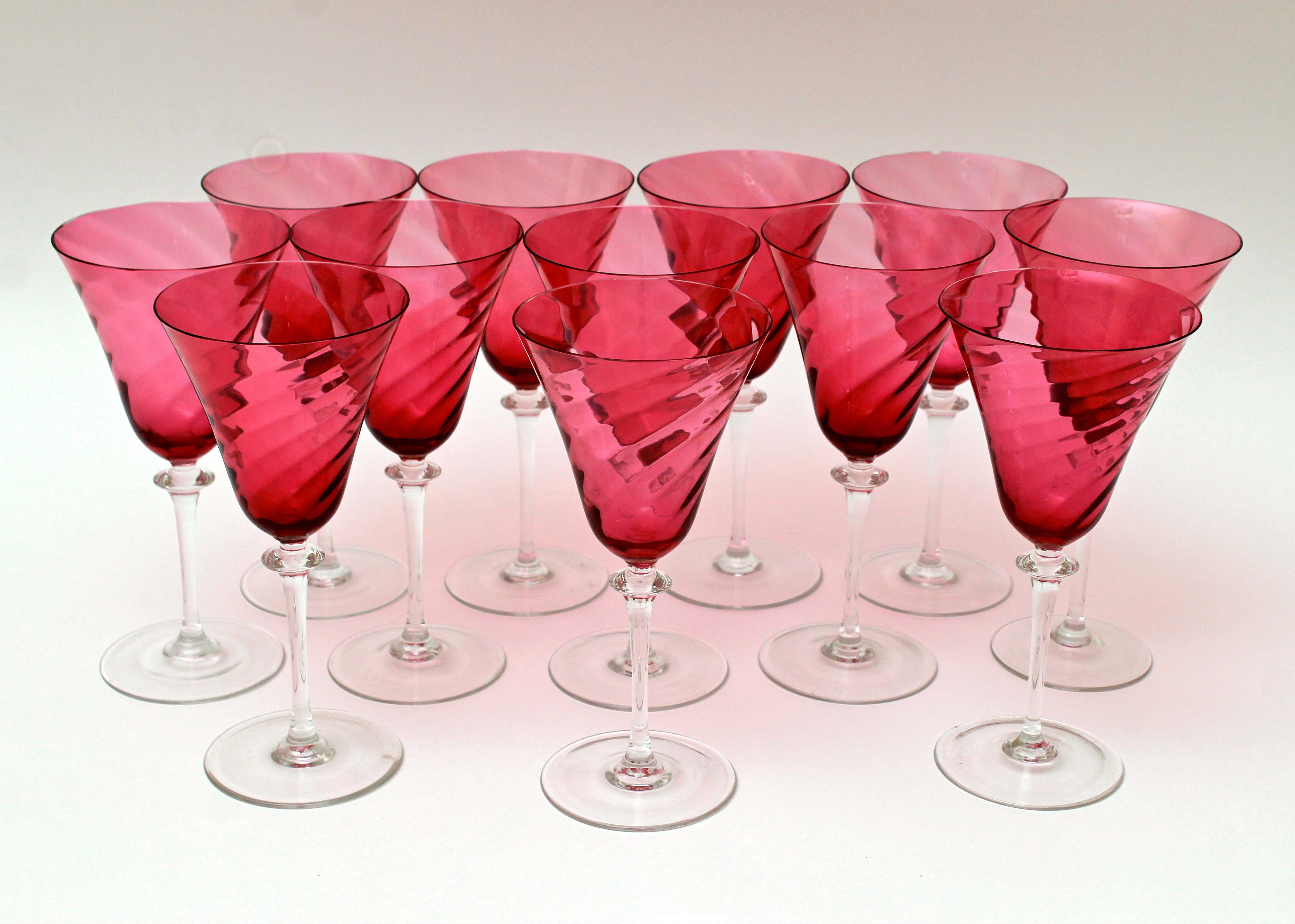 Vintage Set of Twelve Crystal Cranberry Swirl Wine Glasses | EBTH