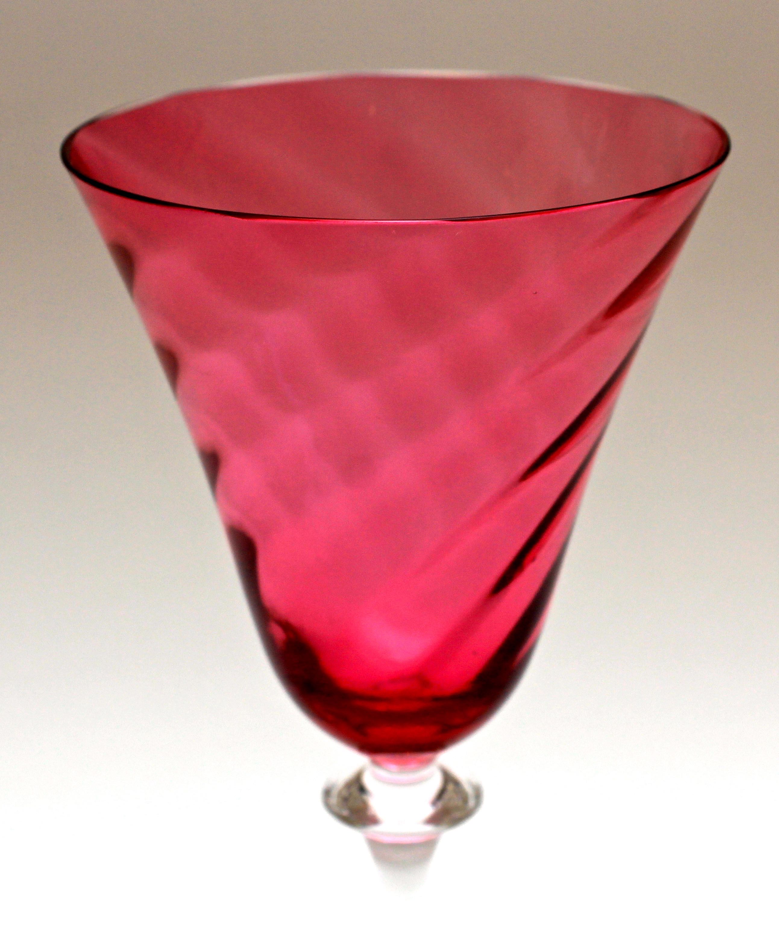 Vintage Set of Twelve Crystal Cranberry Swirl Wine Glasses | EBTH