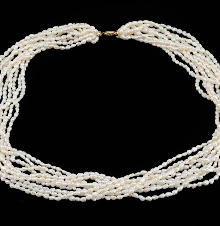 Multi Strand Freshwater Pearl Necklace With 14k Yellow Gold Clasp Ebth