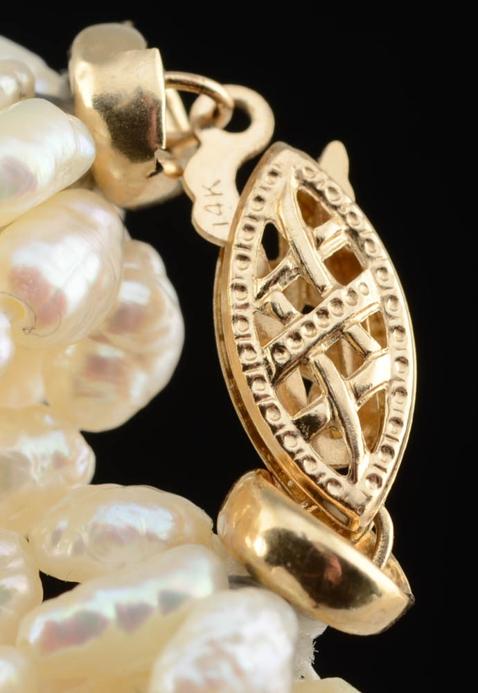 Multi Strand Freshwater Pearl Necklace With 14k Yellow Gold Clasp Ebth