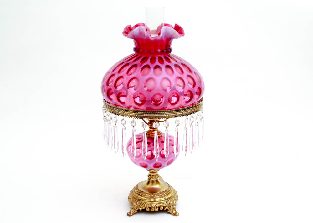 Fenton Cranberry Opalescent Coin Dot Parlor Lamp | EBTH