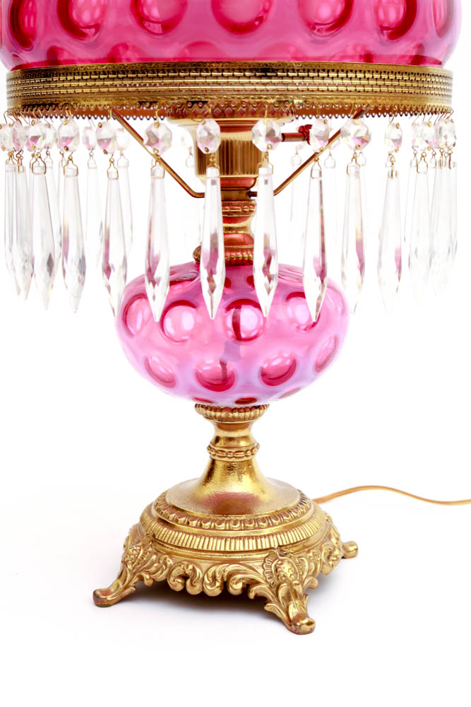 Fenton Cranberry Opalescent Coin Dot Parlor Lamp | EBTH