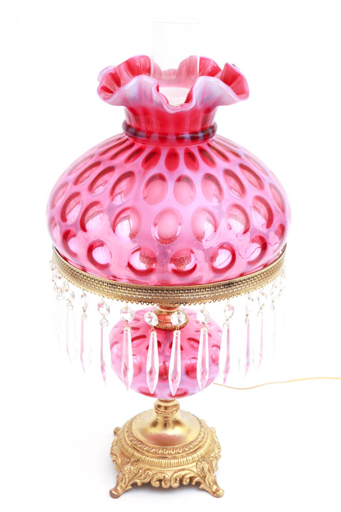 Fenton Cranberry Opalescent Coin Dot Parlor Lamp | EBTH