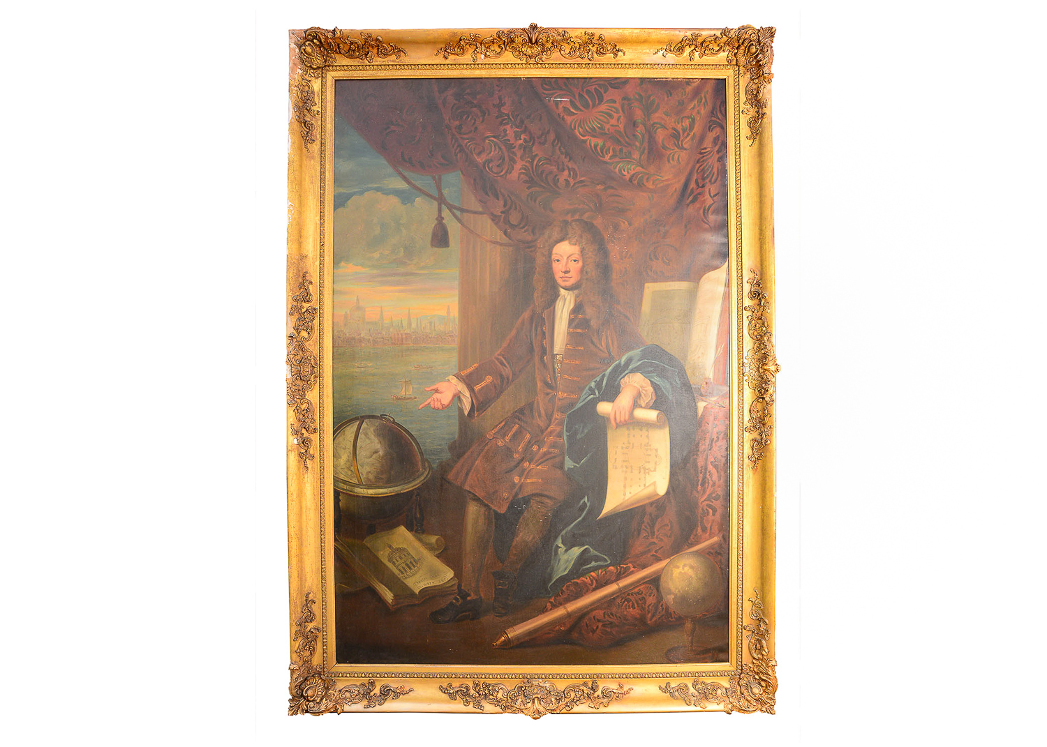 Large 8.5' Antique Portrait of Sir Christopher Wren Oil on Canvas | EBTH