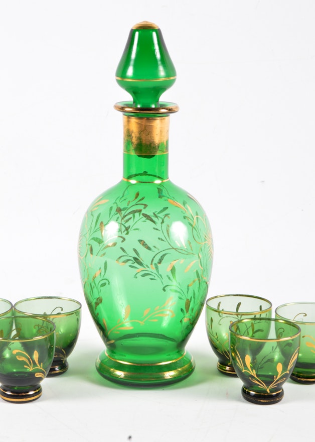 Vintage Gilded Green Glass Decanter And Cup Set Ebth