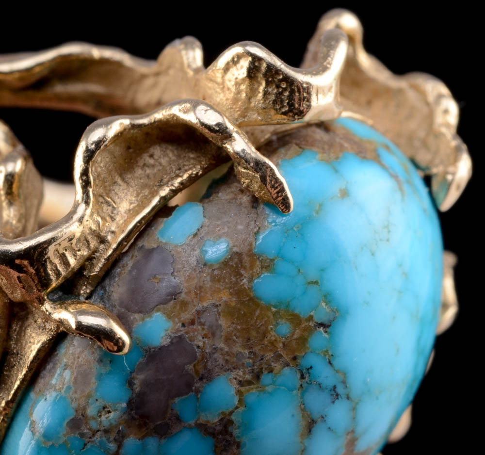Vintage Handmade 14K Yellow Gold Turquoise Brutalist Style Ring | EBTH