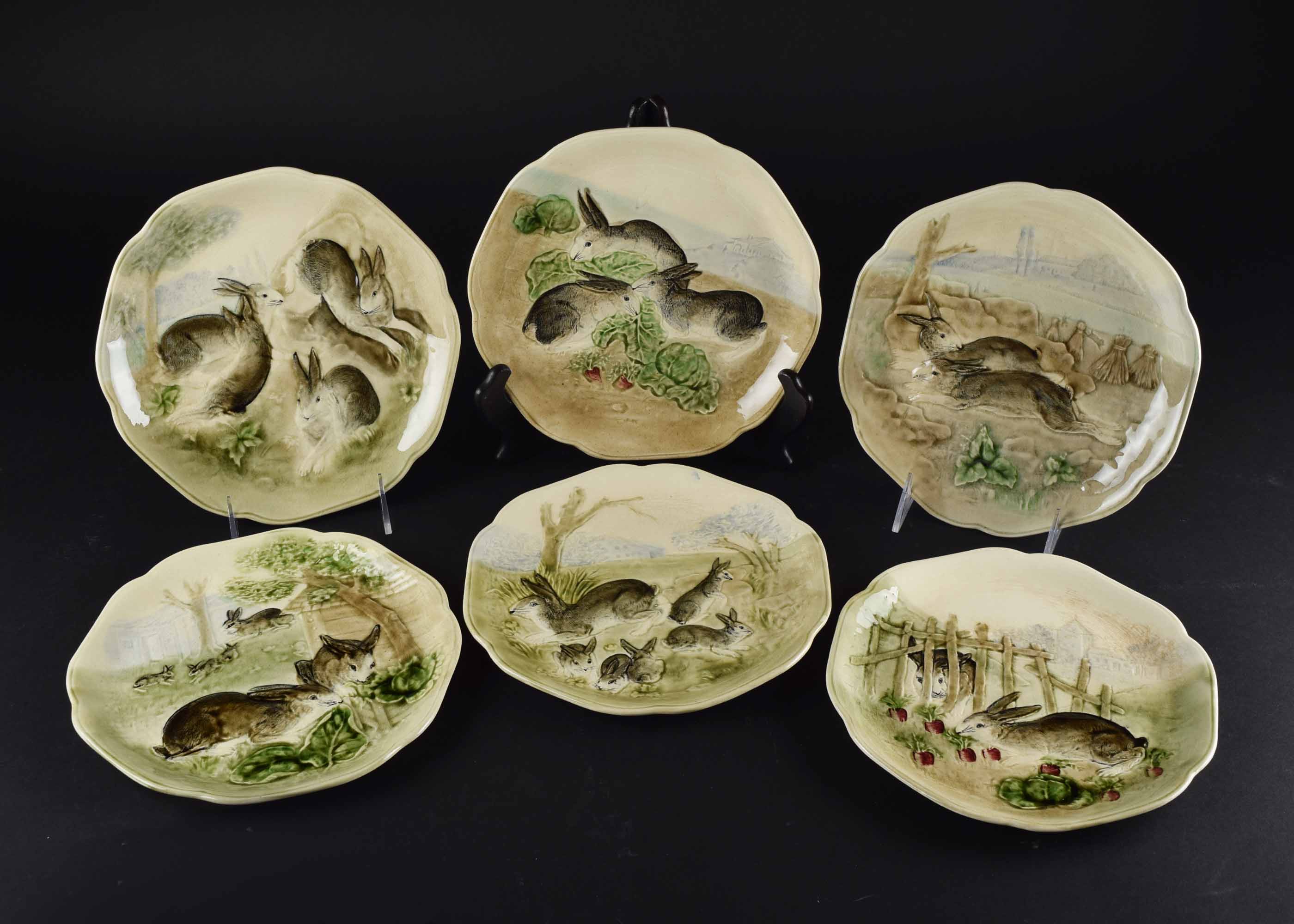Set of Six Choisy le Roy by Higgins and Seiter French Majolica Rabbit ...