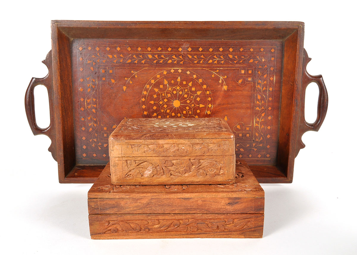 Collection of Carved Teak Boxes and Inlaid Tray | EBTH