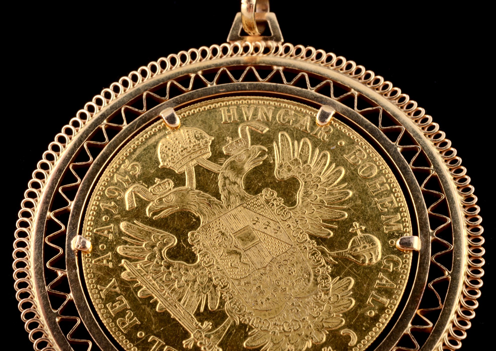 24K Gold 1915 Austria Gold Ducat Coin Pendant with 18K Openwork Frame ...