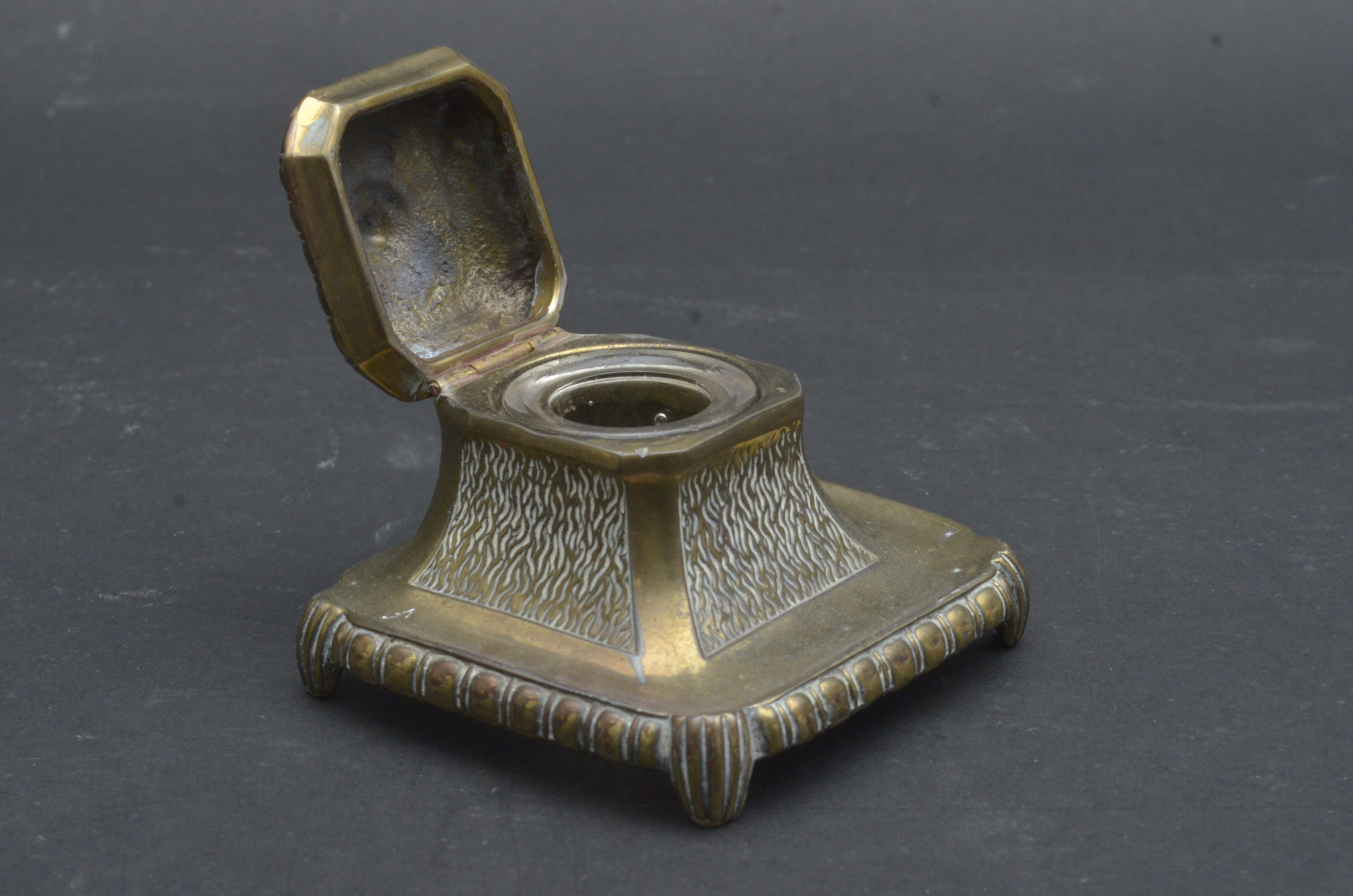 Brass Tone Inkwell With Blotter and Glass Monogram Inkwell Set | EBTH