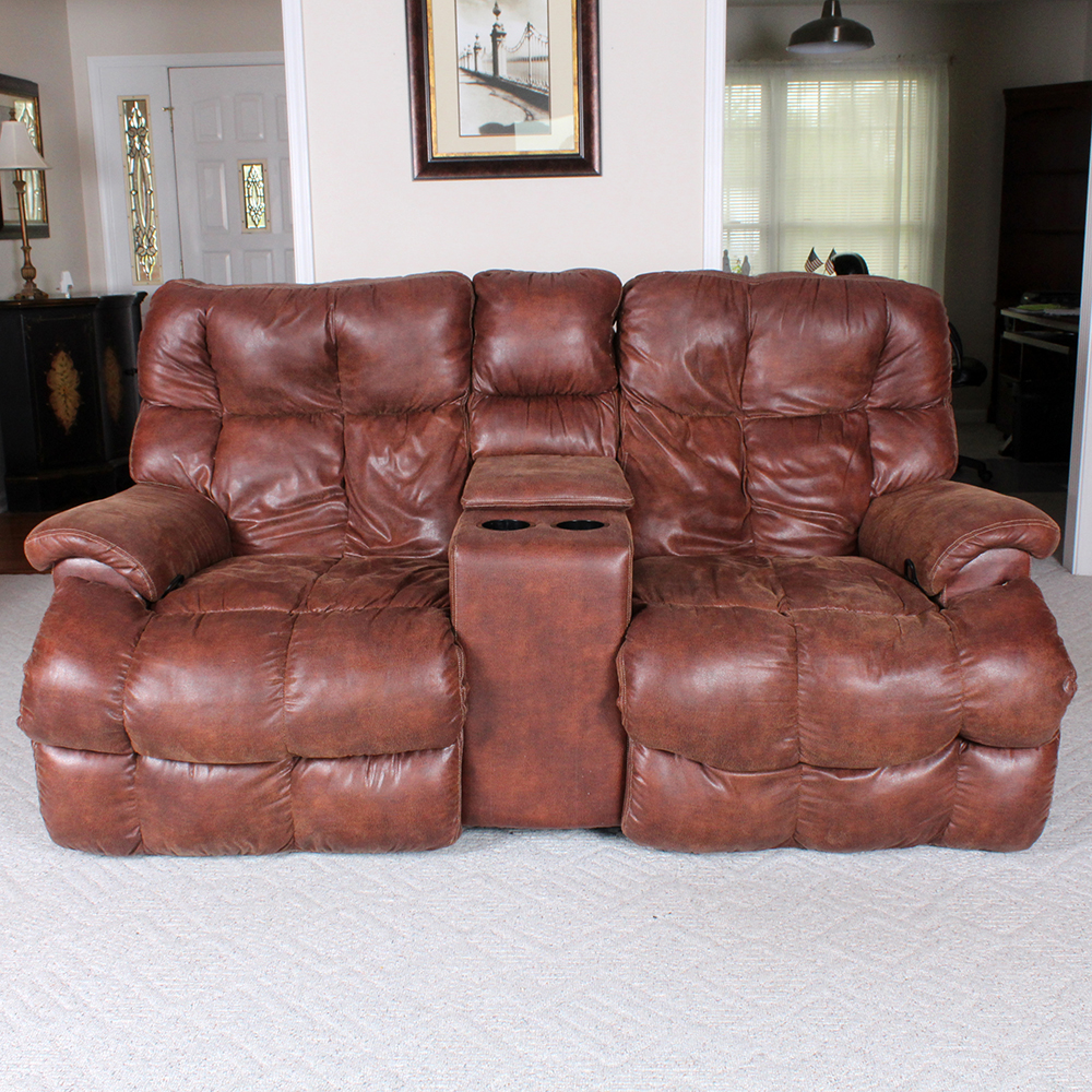 Brown Overstuffed Double Recliner with Center Console | EBTH