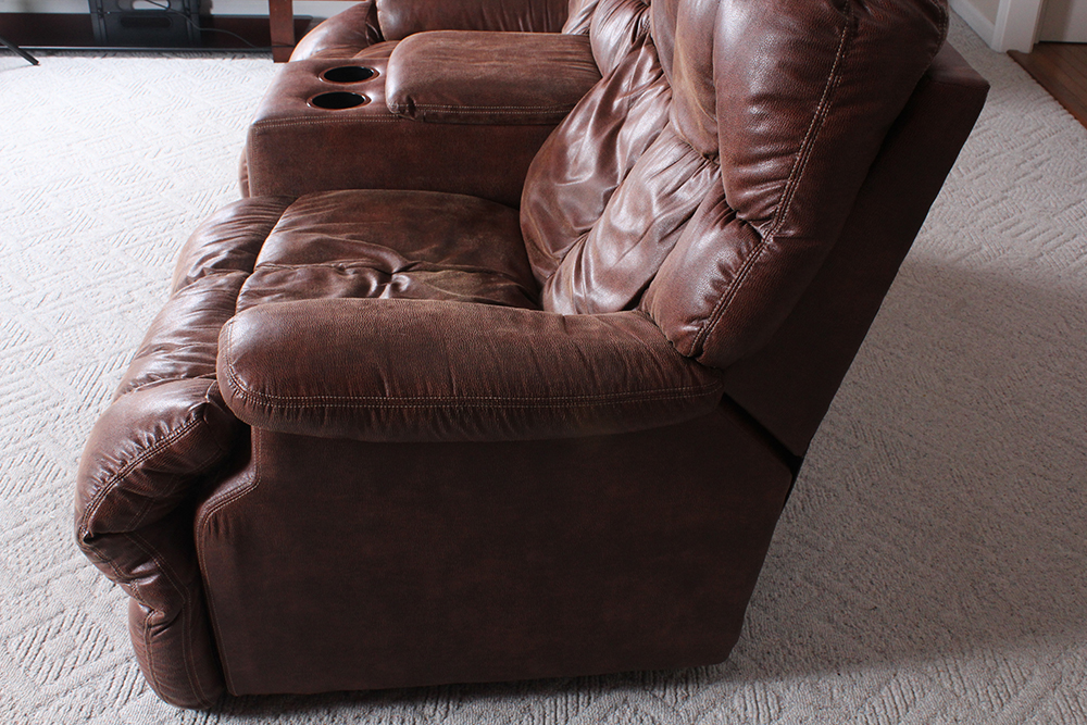 Brown Overstuffed Double Recliner with Center Console | EBTH