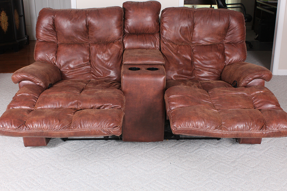 Brown Overstuffed Double Recliner with Center Console | EBTH