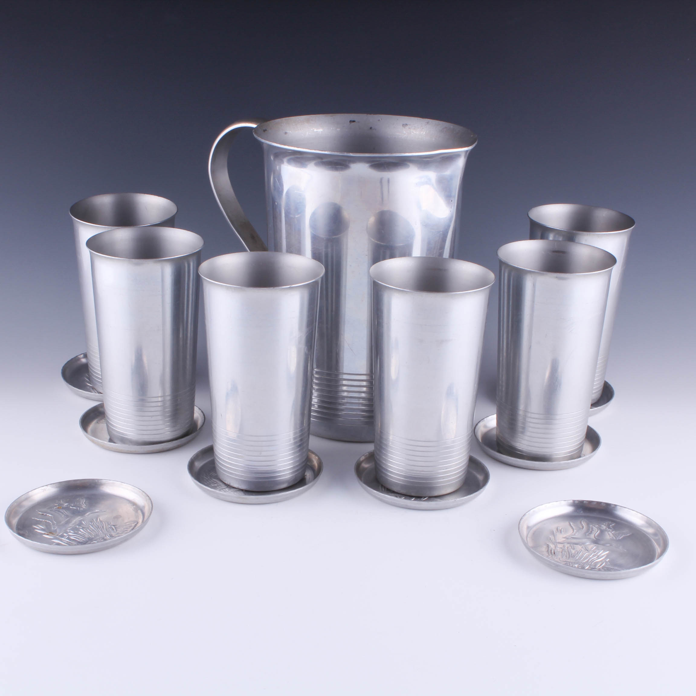 Vintage Kromex Aluminum Pitcher, Tumblers and Coasters | EBTH