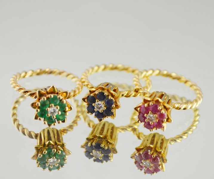 14K Yellow Gold Emerald, Sapphire, and Ruby Stackable Ring Set | EBTH