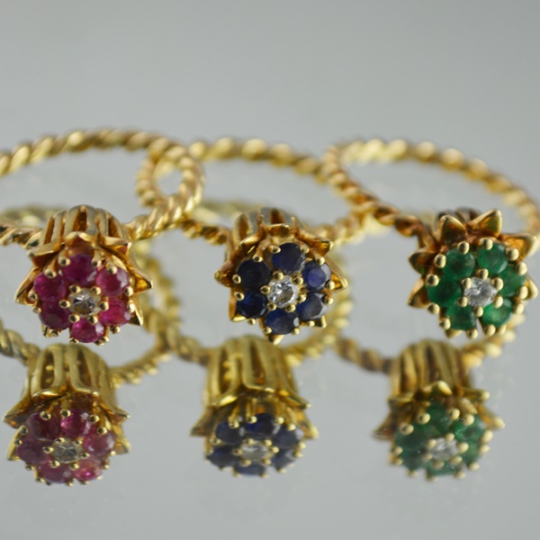 14K Yellow Gold Emerald, Sapphire, and Ruby Stackable Ring Set | EBTH
