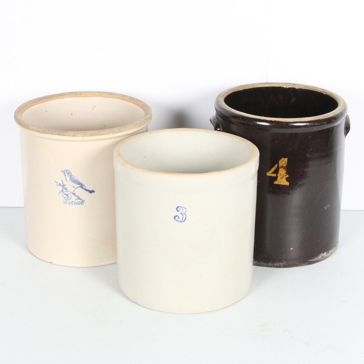 Trio of Antique Crocks Featuring Bluebird By Burley Clay | EBTH