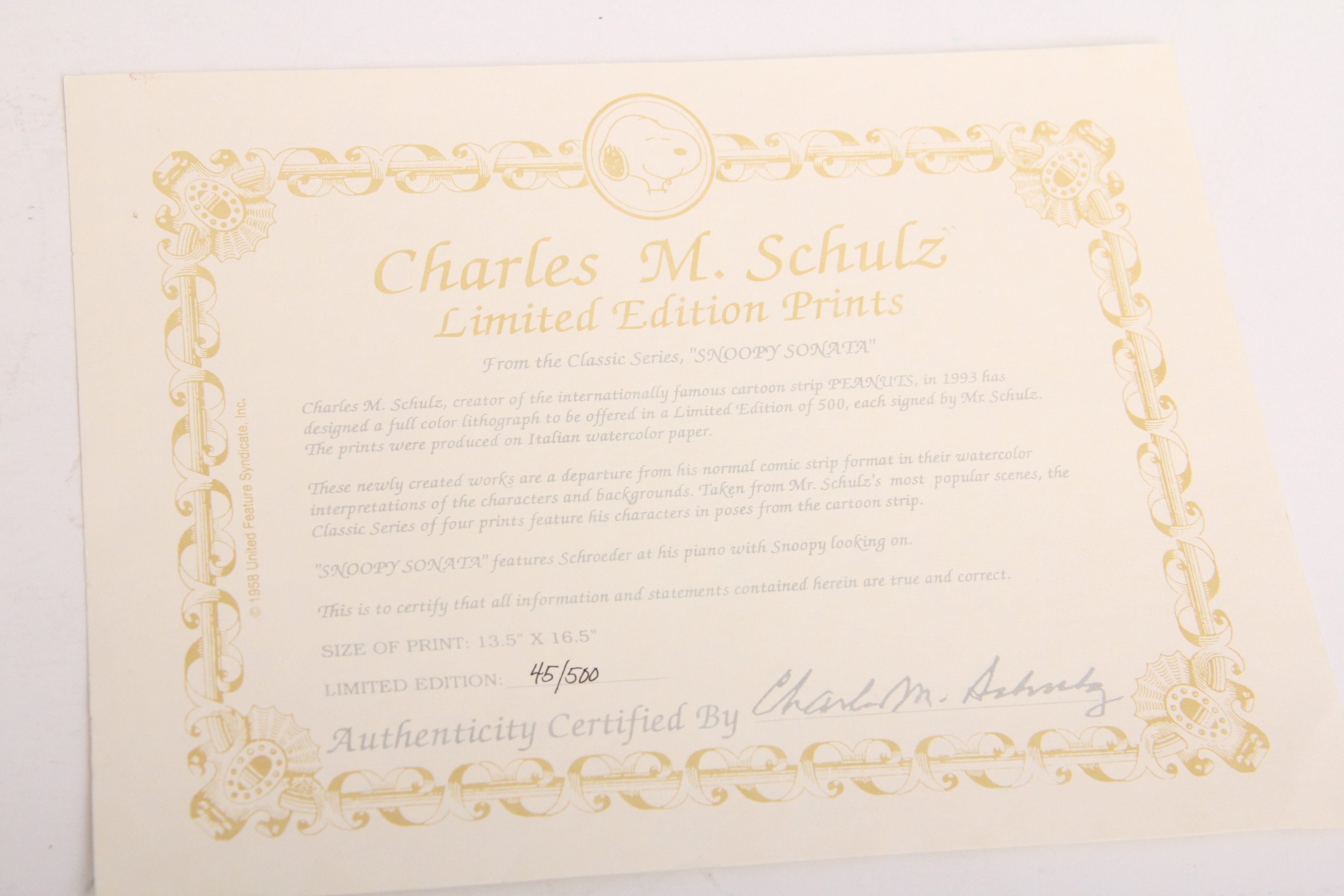 Limited Edition Signed Charles Schulz Lithograph "Sonata" | EBTH