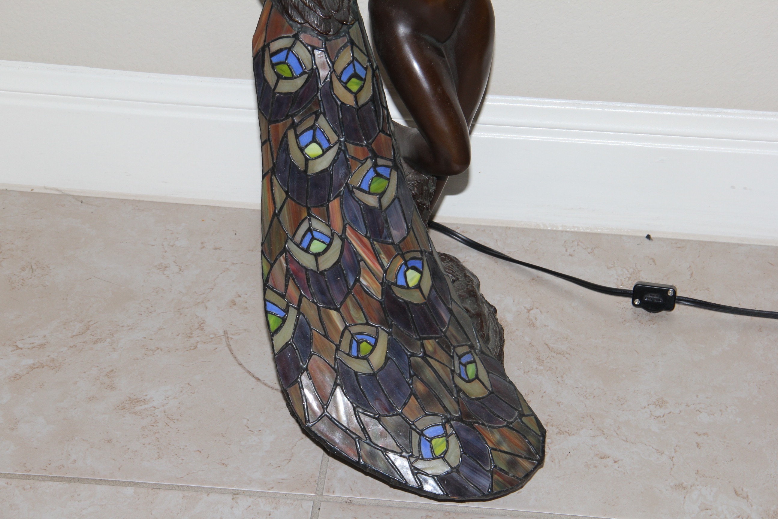 Bronze Statue Table Lamp with Stained Glass Peacock Feathers | EBTH