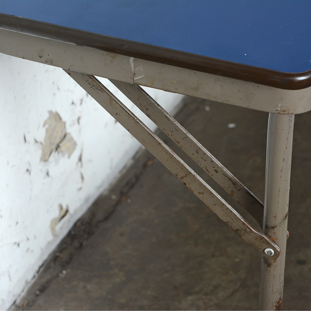 Vintage Blue Rolling Cafeteria Table With Folding Bench | EBTH