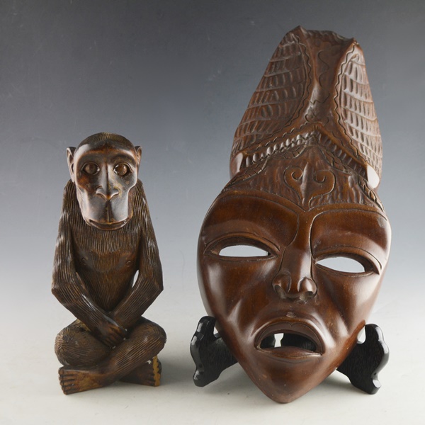 Haitian Wood Carved Mask and Philippines Wood Monkey Sculpture | EBTH