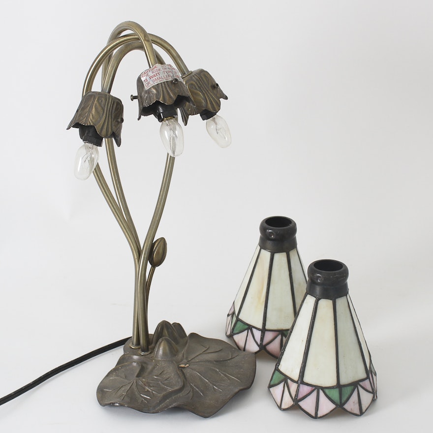 Vintage Brass Flower And Stained Glass Lamp Ebth