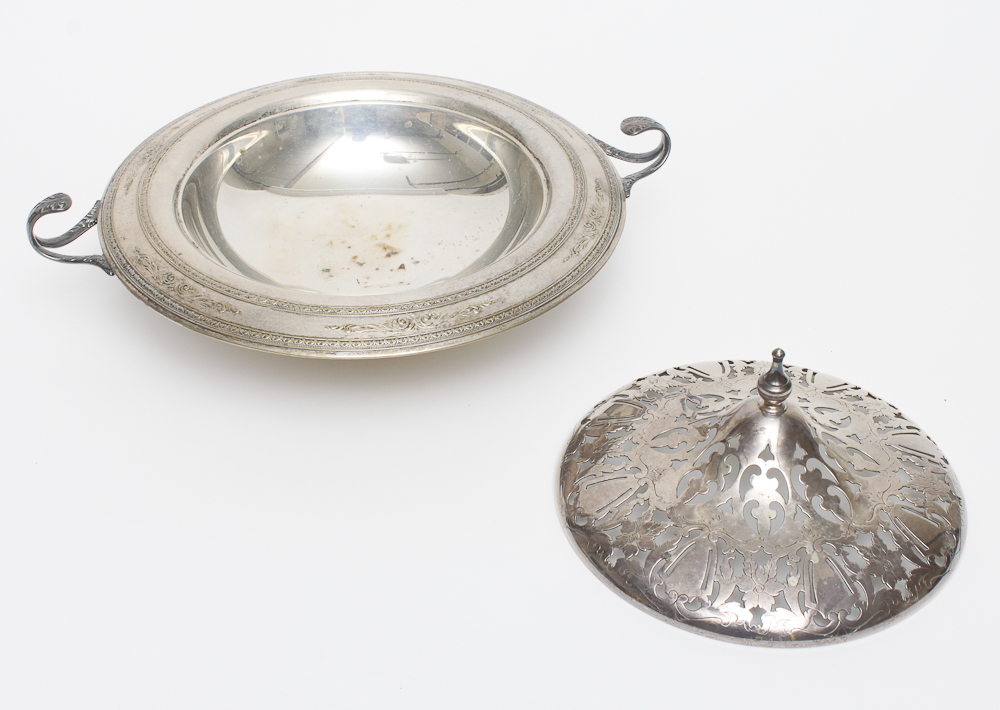 Antique W.M. Mounts Homan Plate on Nickel Silver Dish with Pierced Lid ...