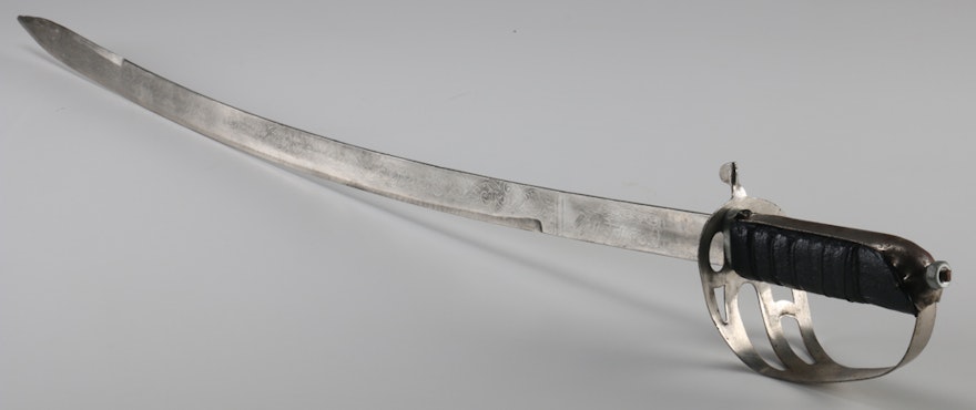 Vintage Curved Saber With Leather Scabbard Ebth