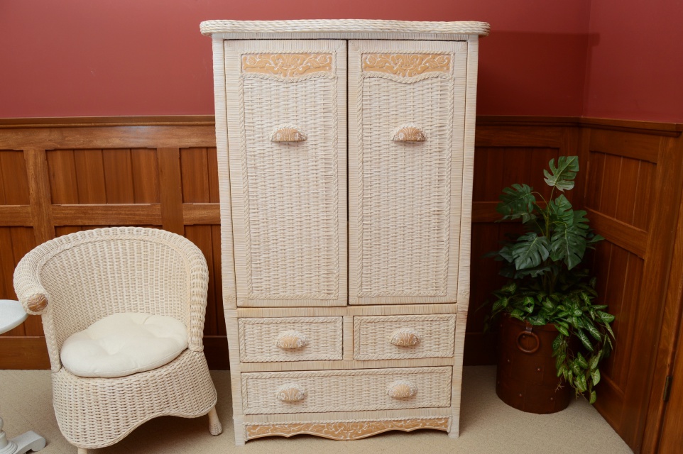 Wicker Armoire, Chair with Side Table and Floor Lamp | EBTH