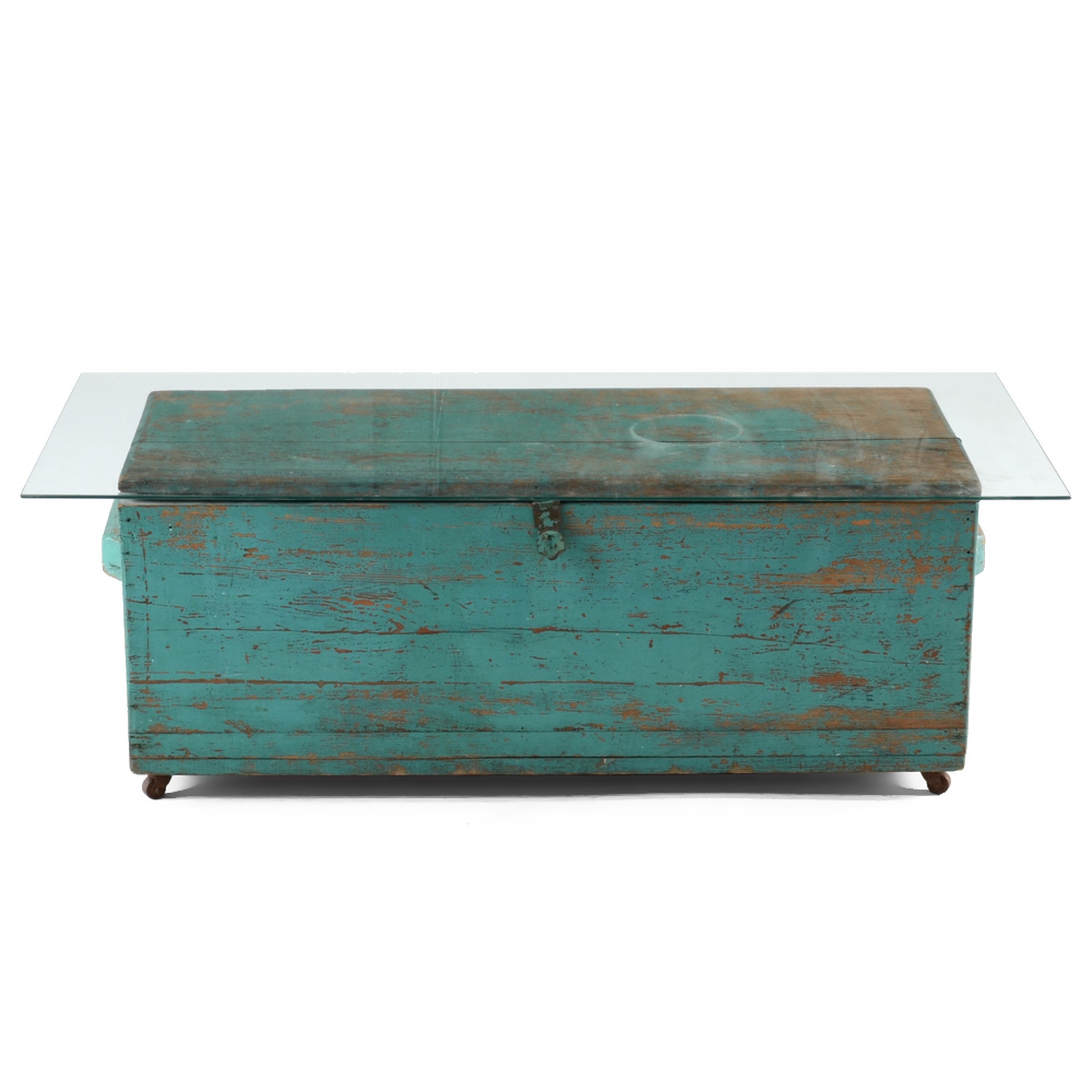 Painted Turquoise Pine Chest Coffee Table | EBTH