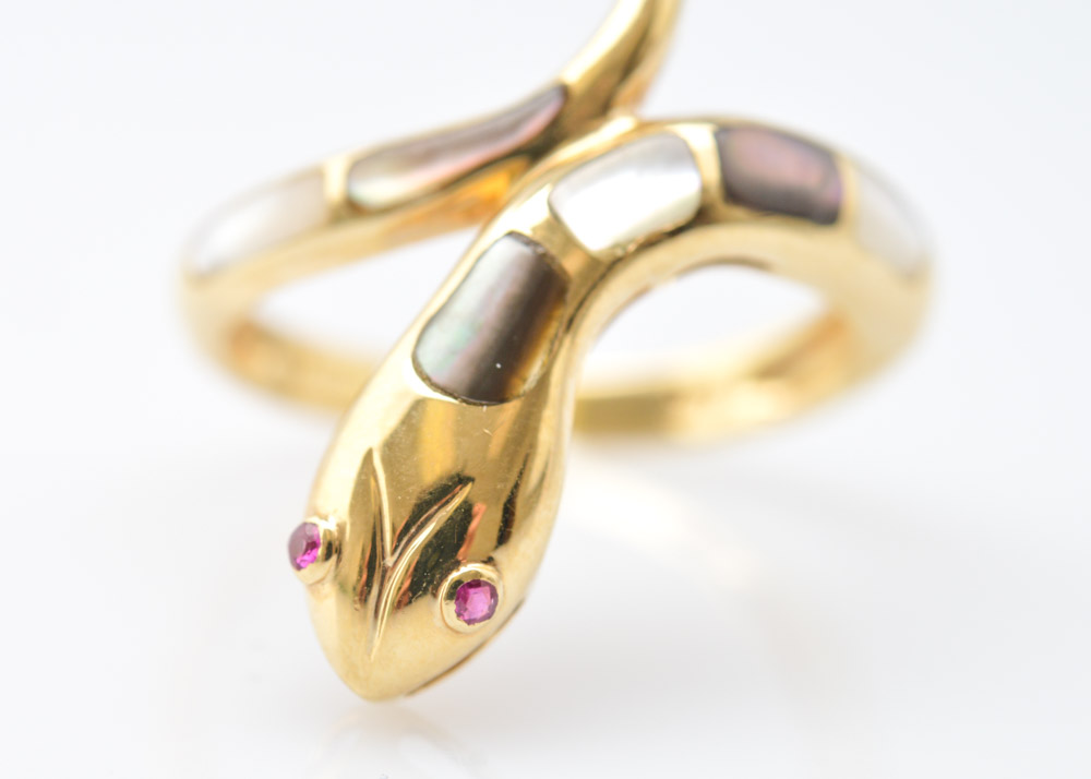 14K Yellow Gold, Ruby, and Mother of Pearl Gold Snake Ring | EBTH