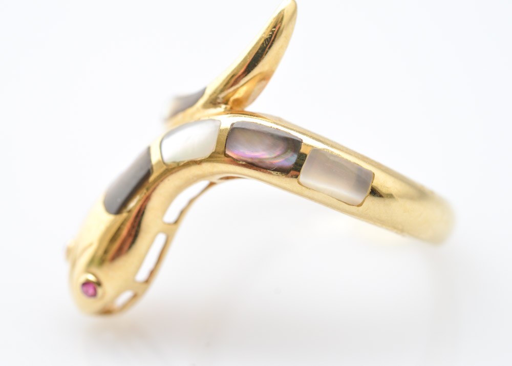 14K Yellow Gold, Ruby, and Mother of Pearl Gold Snake Ring | EBTH
