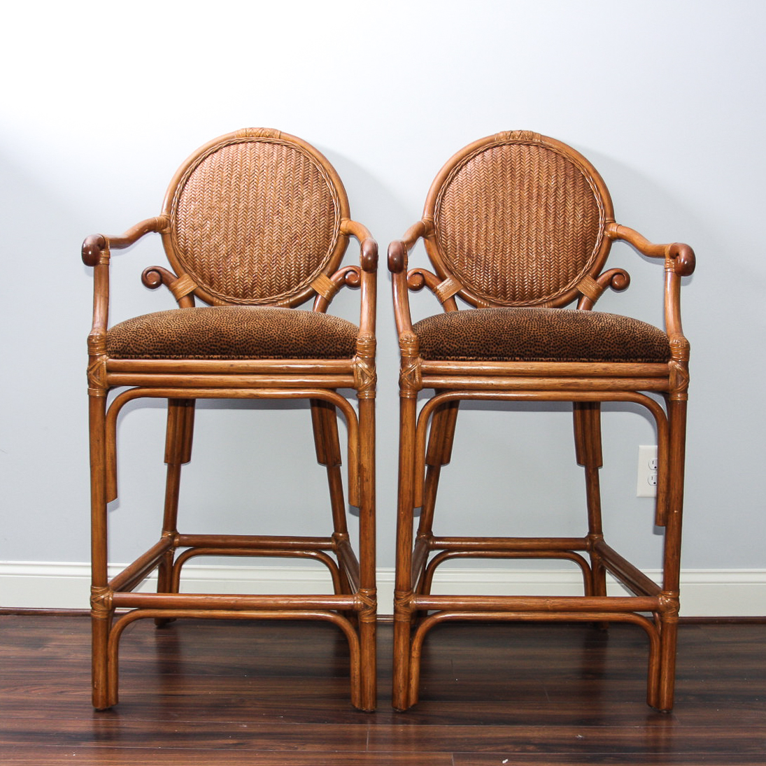 1960's Rattan and Leopard Velvet Bar Chairs | EBTH