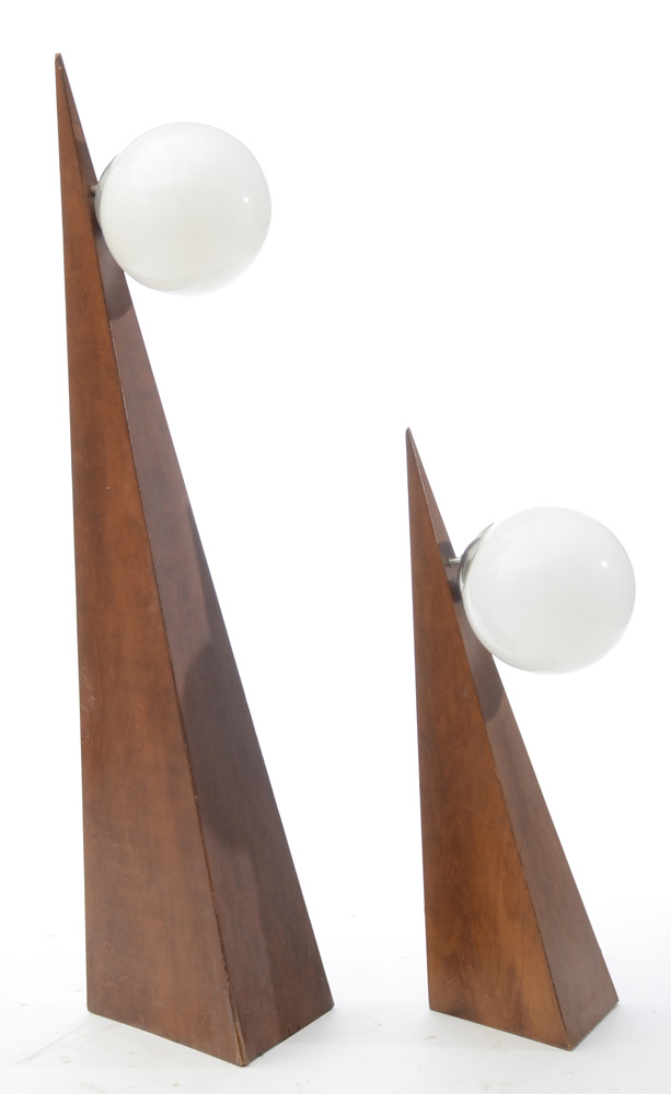 Two Pyramidal Walnut Finished Floor and Table Lamps with Globe Shades ...
